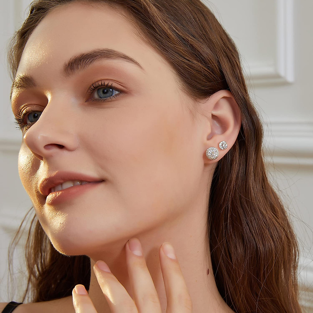 Pack of Earrings White Opal Cubic Zirconia Studs Hypoallergnic for Sensitive Ears 18K White Gold Plated