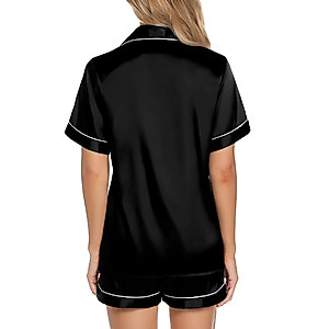 Pjmlifecoco Silk Pajamas for Women Satin Sleepwear Short Sleeve Sleep Shirt with Shorts Soft Loungewear Pjs Set Black