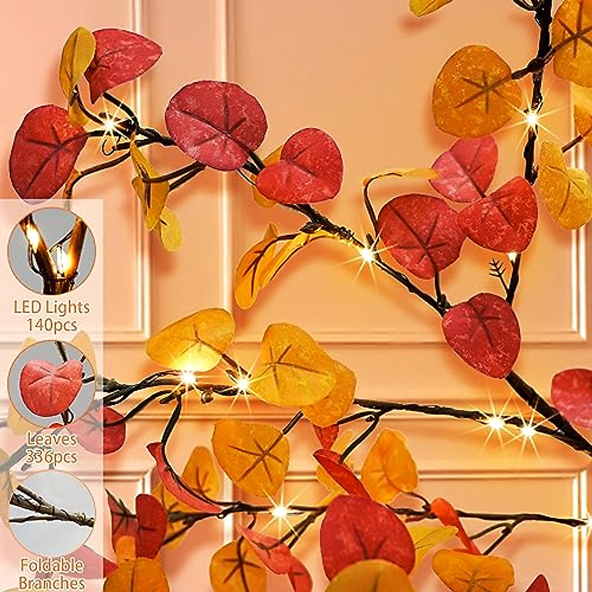 Agusbagli 4FT 140LED Lighted Fall Eucalyptus Tree Thanksgiving Fall Decorations with Timer & 8 Modes Artificial Fall Trees with Lights & 336 Leaves Fall Light Up Tree Harvest Indoor Outdoor Fall Decor