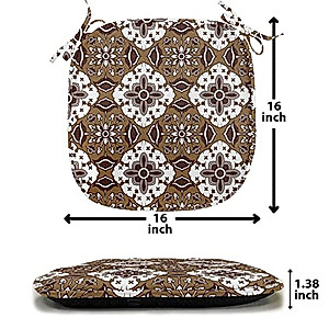 Ambesonne Chocolate Chair Seating Cushion Set of 6, Brown Toned Ancestral Batik Pattern with Floral Indonesian Motifs, Anti-Slip Seat Padding for Kitchen & Patio, 16"x16", Dark Brown White Brown