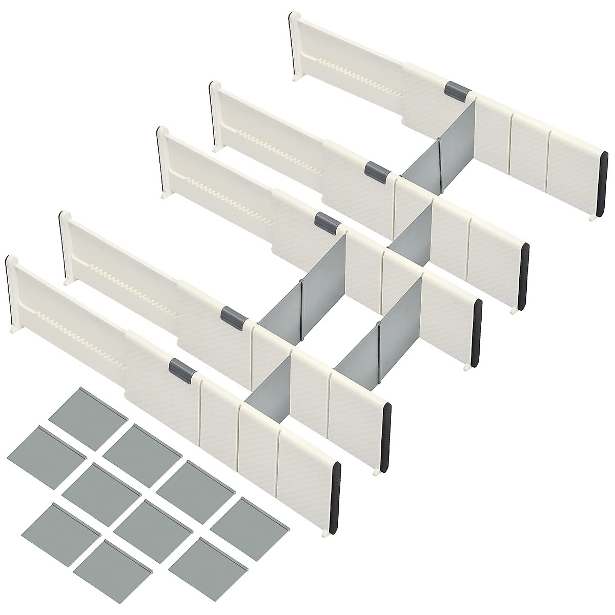 JONYJ Drawer Dividers Organizer 5 Pack, Adjustable Separators with 10 Inserts 4" High Expandable from 11-17" for Bedroom, Bathroom, Closet, Clothing, Office, Kitchen, Strong Secure Hold, Ivory
