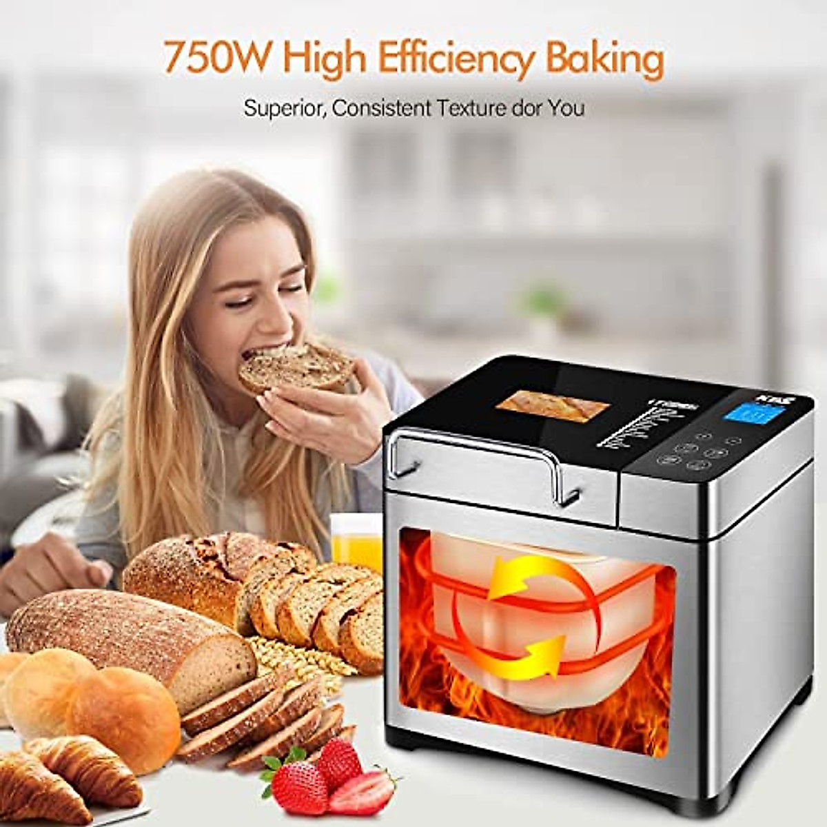 KBS Large 17-in-1 Bread Machine, 2LB All Stainless Steel Bread Maker with Auto Fruit Nut Dispenser, Nonstick Ceramic Pan, Full Touch Panel Tempered Glass, Reserve& Keep Warm Set, Oven Mitt and Recipes