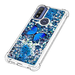 CAIYUNL for Moto G Pure Case with Glass Screen Protector,Moto G Power 2022 Case Glitter Bling Floating Liquid Cute Women Girls Soft TPU Phone Case Cover for Motorola G Pure/G Power 2022-Blue Butterfly