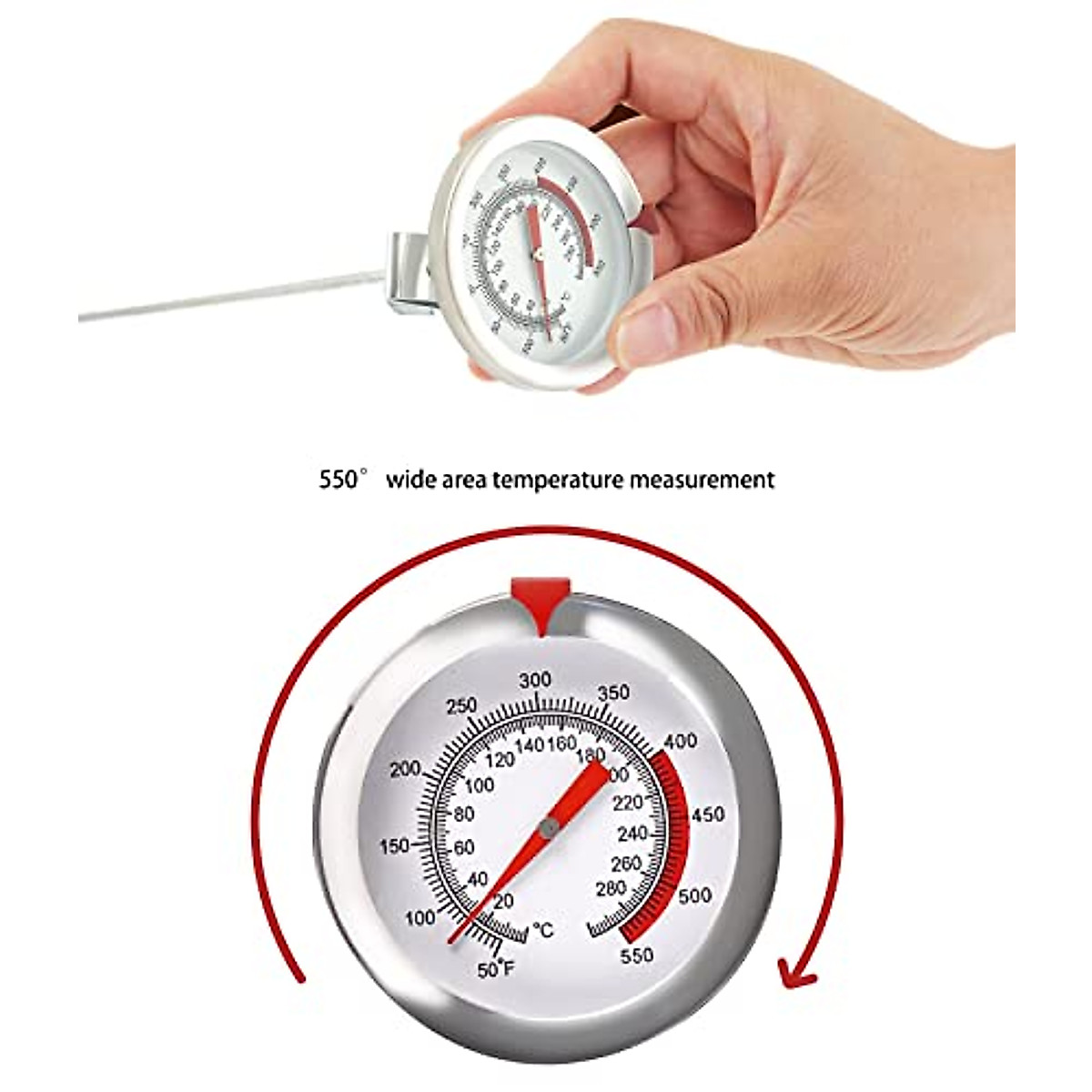 QIJING 12 inch Food Thermometer Instant readout, Long Handle with Stainless Steel Clip, no Batteries Required, Frying Thermometer for Grill, Grill Meat, Milk Foam