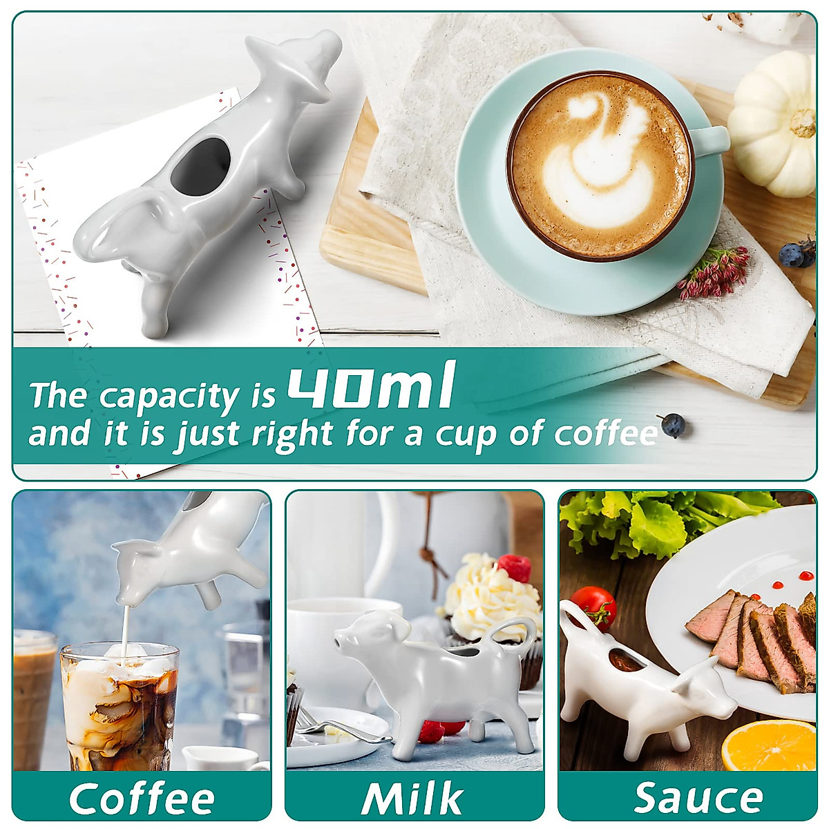 Angoily Ceramic Creamer Coffee Milk Creamer Pitcher Animal Cow Shaped Serving Pitcher Sauce Pitcher Milk Creamer Jug for Kitchen,1PCS
