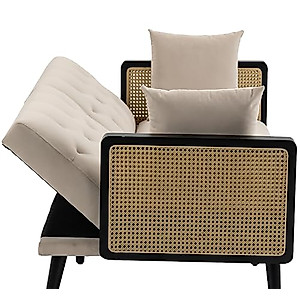 Lin-Utrend Velvet Loveseat Sofa with Rattan Armrest,61" Convertible Futon Sofa Bed,Sleeper Sofa Couch Loveseat for Small Space,Living Room,Apartment