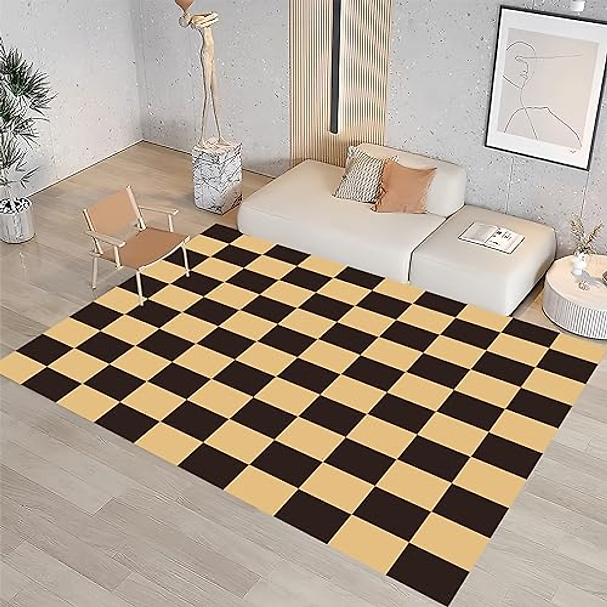 Vector Chess Field in Black Beige Area Rugs for Living Room 2x4ft/24x48in/60x120cm, Living Room Bedroom Area Rug Fluffy Plush High Pile Carpet