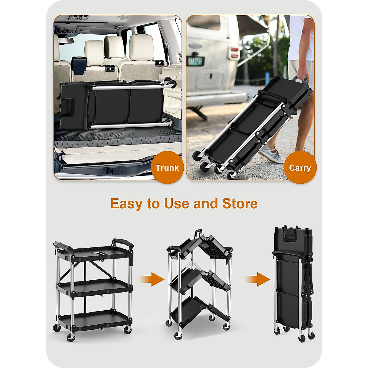 HIMIX Foldable Utility Carts with Wheels, 3-Tier Holds 240lbs Folding Rolling Cart with Fixed Rope, Collapsible Service Cart for Home, Office, Garage, and Warehouse - No Assembly Required