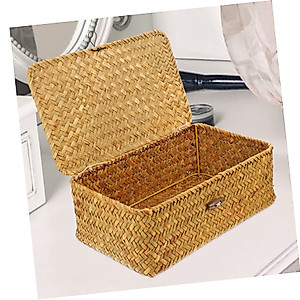 STOBAZA Rattan Storage Box Straw Embroidery Gift Box Simple Woven Basket Iron Lidded Box Rattan Basket