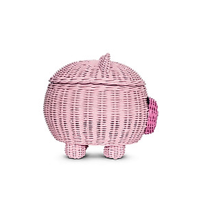 G6 COLLECTION Pig Rattan Storage Basket with Lid Decorative Bin Home Decor Hand Woven Shelf Organizer Cute Handmade Handcrafted Nursery Gift Animal Decoration Artwork Wicker Pink Piggy (Large)