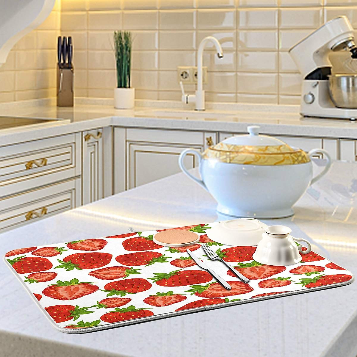 Baofu Dish Drying Mat for Kitchen Counter, Summer Strawberry Fruit Ultra Absorbent Reversible Microfiber Dishes Drying Rack Pad Heat-resistant Mats 16x18in