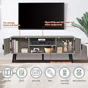 Iwell TV Stand for 55 inch TV, Entertainment Center with Storage and Open Shelf, TV Console, TV Stands for Living Room, Bedroom, Grey