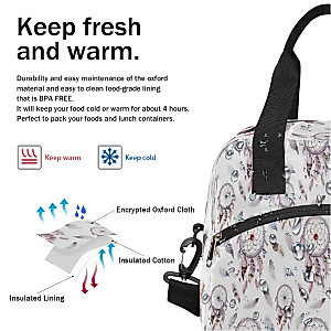 KOBLEN Dreamcatcher Feather Insulated Lunch Bag for Women Men Reusable Lunch Box Cooler Tote Shoulder Bag Lunch Container for Adult Office Work Picnic Travel Outdoor