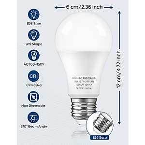 Nouscan LED Light Bulbs 100 Watt Equivalent, Daylight White 5000K, 13W LED Bulb A19, 1500 Lumens, Standard E26 Base, Energy Saving, Energy Saving Lightbulbs, Non-dimmable, 12 Pack