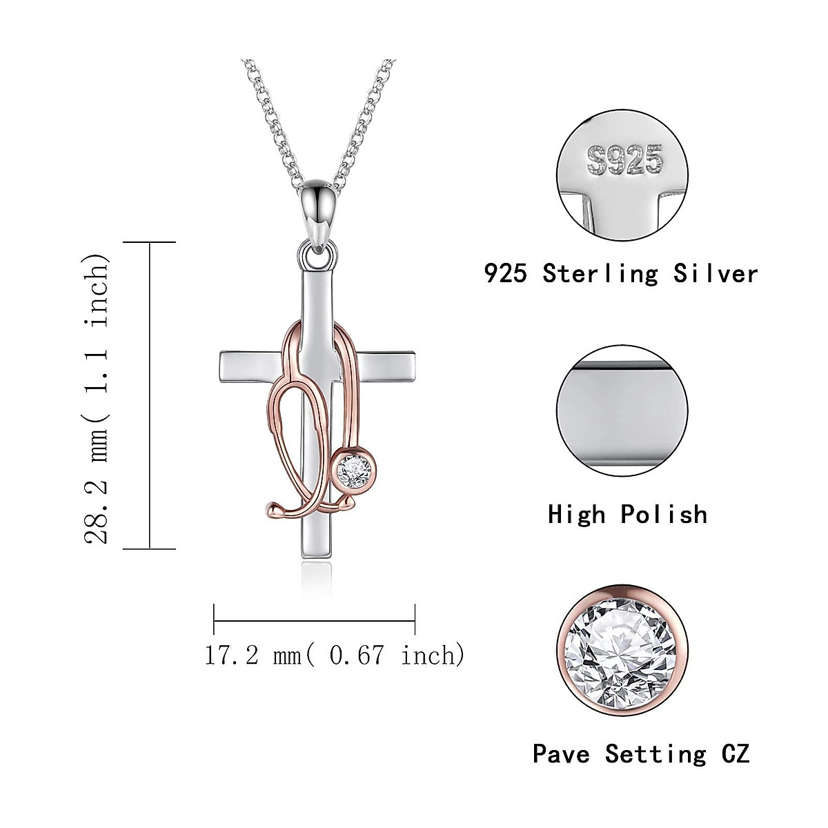 Sterling Silver Stethoscope Cross Necklace Earrings Bracelet Women Medicine Pendant Jewelry Nurse Doctor Graduation Gift for Medical Student (rosegold Stethoscope necklace)