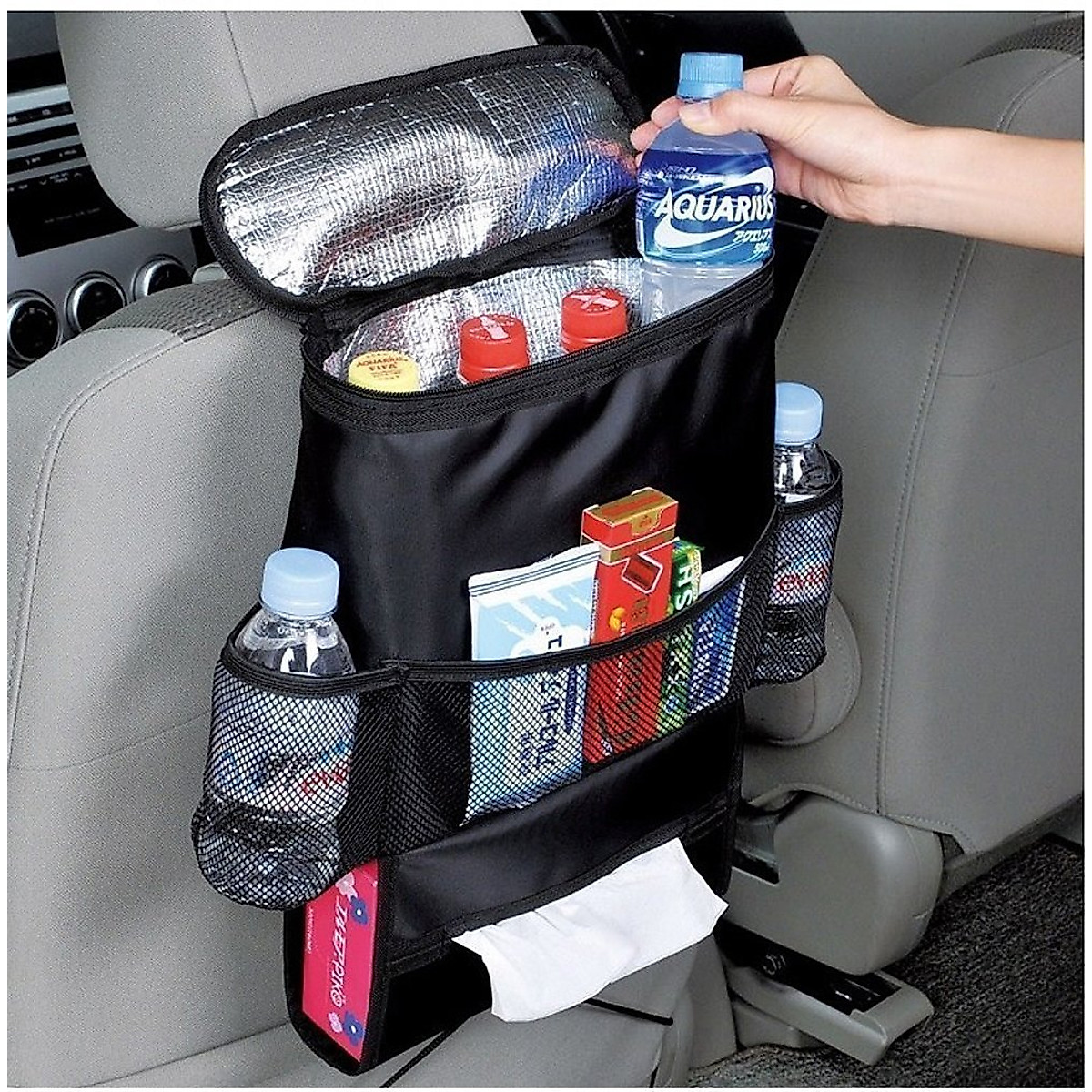 FrontTech Car Seat Back Organizer, Auto Seat Multi-Pockets Travel Storage Bag, Insulated Car Seat Back Drinks Holder Cooler, Storage Bag Cool Wrap Bottle Bag with Mesh Pockets