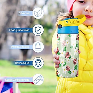 Kids Water Bottle with Straw Lid Small Flower with Ladybug Print 12 Oz/350 Ml Stainless Steel Reusable Thermos Bottles