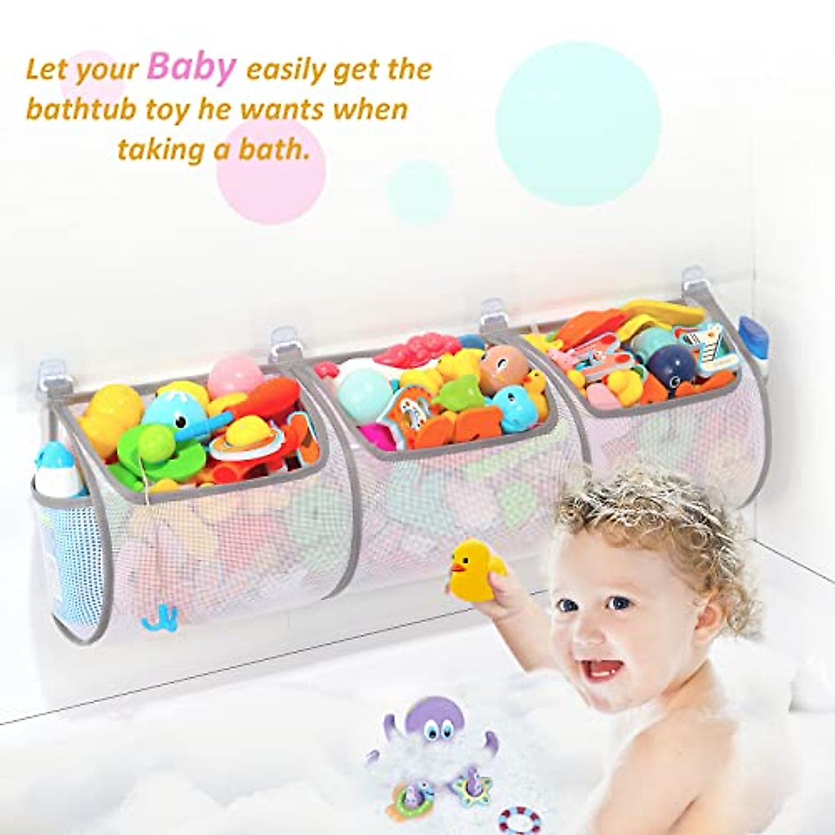 Ligereza Bathtub Toy Holder，Prevent Spots，Bath Toy Storage Bath Toys for Kids Ages 4-8 30“x8.7”Mesh Bath Toy Holder，let Baby Bath Toys Quick Drying…