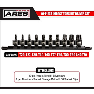 ARES 24001-10-Piece 3/8-Inch Drive Low Profile Impact Torx Bit Driver Set - Chrome-Moly Steel & Manganese Phosphate Coating - Star Bit Size Range T25-T70 - Reusable Storage Rail