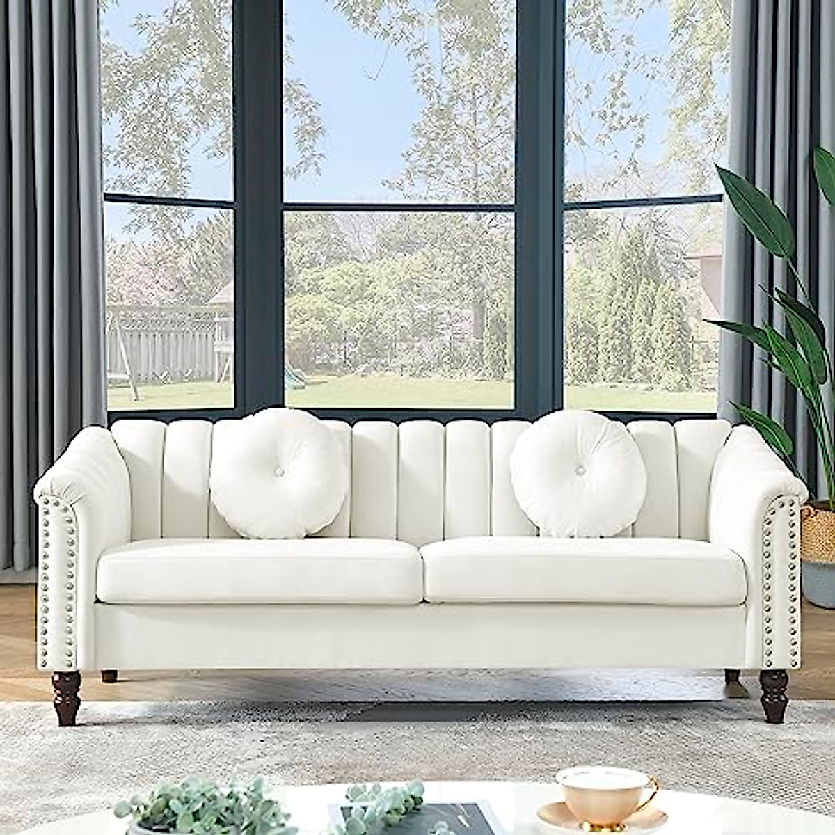 FULife 72" Velvet Upholstered Loveseat Tufted Futon Sofa,Chesterfield Accent 3 Seaters Sofá Couch with Nail Arms&2 pillows for Living Bedroom/Apartment/Office/Studio/Bonus Room/Compact Places, Beige