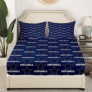 American Texas Star Cowboy Players Sheet Twin Size,Rugby Football Sports Games Bedding Set,Boys Man Room Decor,Rugby Competition Blue Fashion Bed Sheet Set 3pcs(Fitted + Flat + 1 Pillowcase)