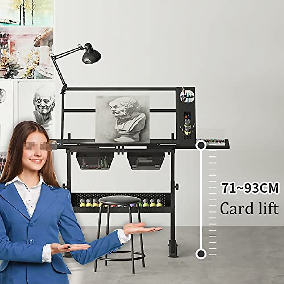 VejiA Drafting Table Art/Adjustable Glass Drawing Table with 2 Drawers, Art Desk Art Table with Storage, Student Desk Study Desk for Drawing, Painting, Writing and St