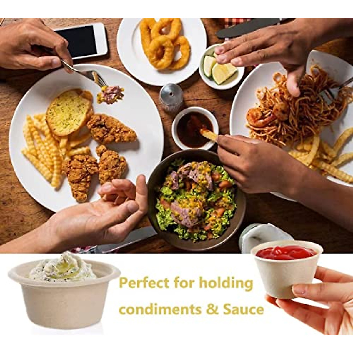 Gere Disposable Testing Cup Bowls,100 Pack, 2 oz, Natural Biodegradable Bagasse Fiber Souffle Cups, Condiment Cups, Sample Cups, Measuring Cups,