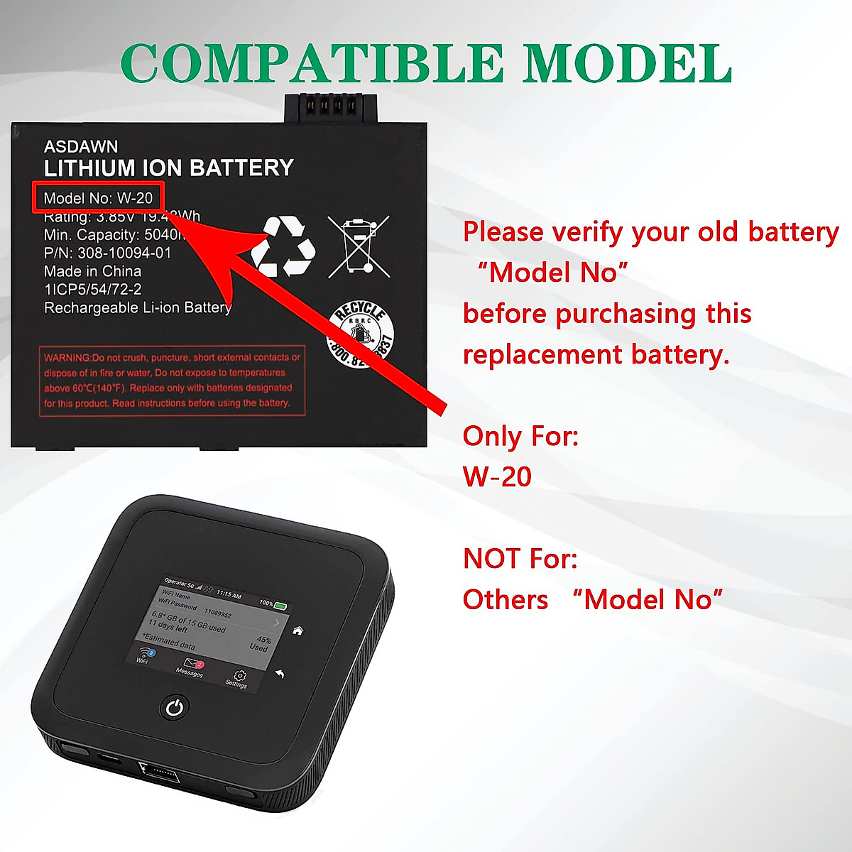 5040mAh W-20 Battery Replacement for Netgear Nighthawk 5G WiFi 6 Mobile Hotspot, AT&T Netgear Nighthawk M5 MR5000 MR5100 MR5200 MR5200-100EUS Mobile Hotspot Router, Model No: W-20