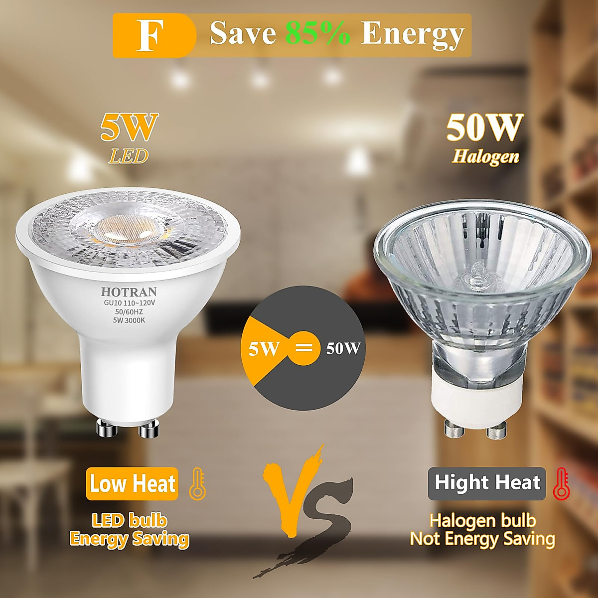 HOTRAN GU10 Led Bulb 5W 3000K, Flicker-Free Soft Warm Light Non-Dimmable Bulbs, 365LM, 40° Spot Light, Energy Saving Light Bulbs, Equivalent 40-50W GU10 Halogen Spotlight Bulbs