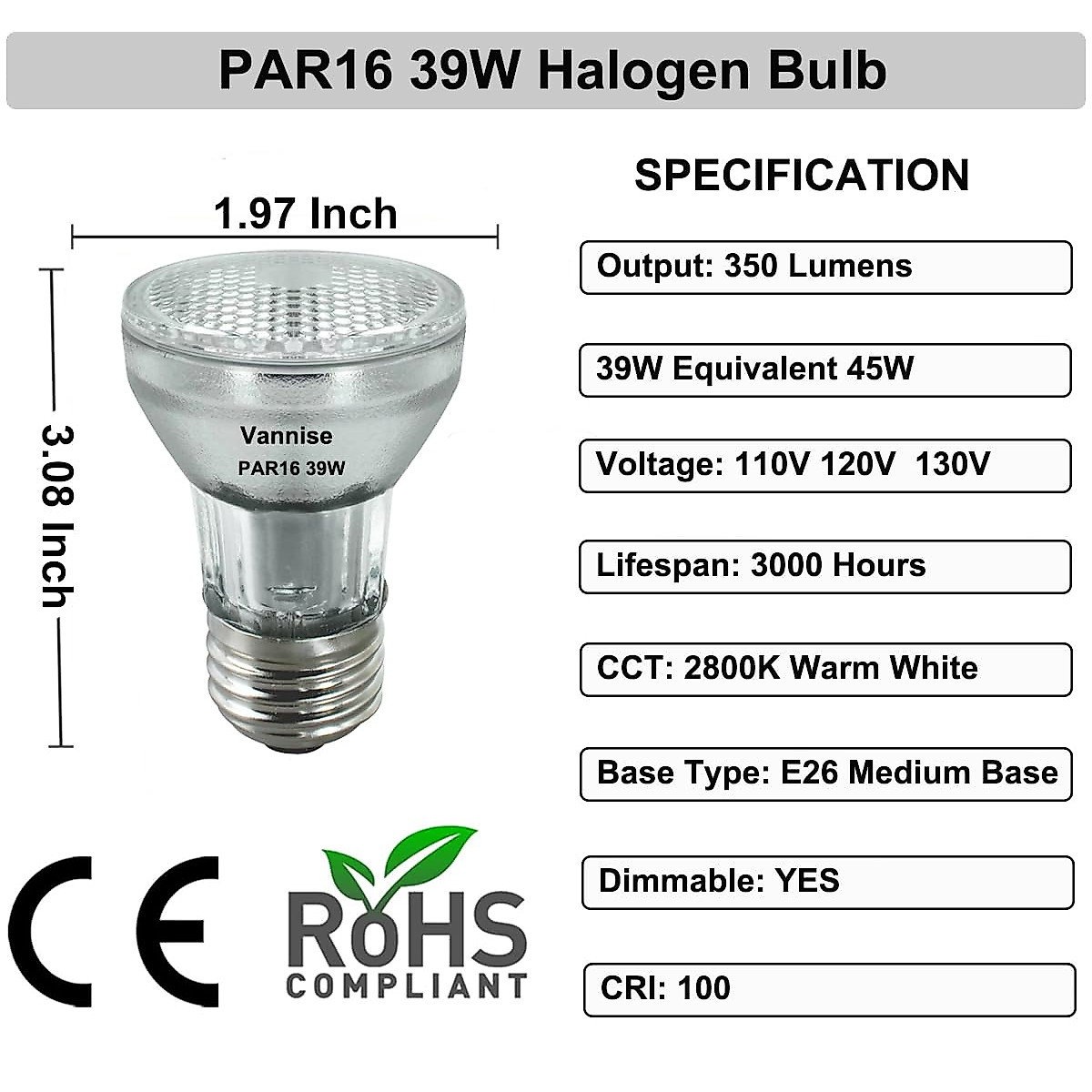 Vannise Halogen Light Bulbs E26 PAR16 - High Output 350LM PAR16 Bulb 39W, Equivalent 45W, 6PCS Long Lasting PAR16 Flood Bulb Dimmable with 2800K Warm White, PAR16 Halogen Bulb 39w for Ceiling Lights