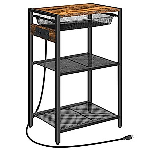 HOOBRO Tall End Table with Charging Station, Industrial Telephone Table with Metal Storage Basket, High Side Table Nightstand for Living Room, Bedroom, Office, Rustic Brown and Black BF06UDH01