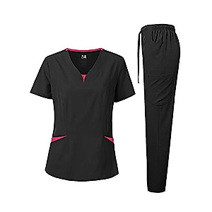 Dagacci Medical Uniform Women's Scrubs Set 4-Way Stretch Split Contrast Net and Pocket (Small, Black)