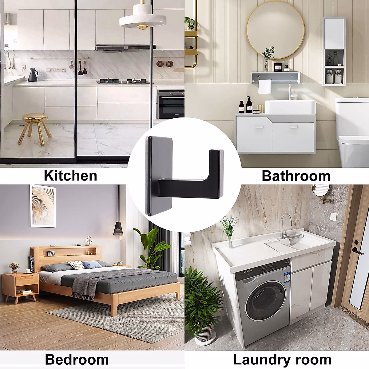 Vanloory Bath Towel Hook,4 Pack Self Adhesive Square Coat Hooks, Sturdy No Drilling Robe Hook, Stainless Steel Heavy Duty Clothes Hanger, Wall Hooks for Bathroom Bedroom Kitchen (2 Inch,Black)