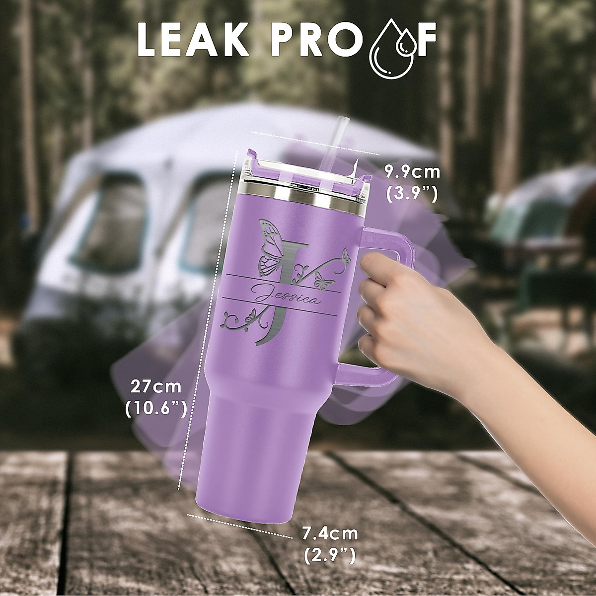 LifGif Butterfly Initial Split Monogram Personalized Tumbler 40 oz Laser Engraved, Insulated Cup with Handle, Lid and Straw, Gifts for Women, Personalized Valentines Day Birthday Gifts for Her