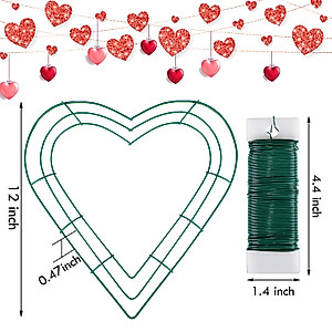 WILLBOND 2 Pack 12 Inch Heart-Shaped Wire Wreath Rings Garden Heart Dark Green Metal Wreath Frame with 115ft Green Flexible Paddle Wire Florists Wire for New Year Valentines Home Party Decoration