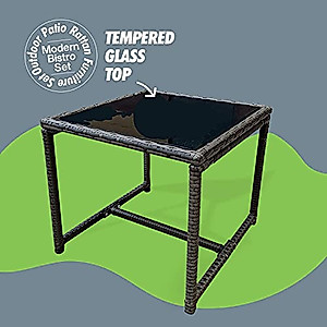 Pyramid Home Decor Black Wicker Furniture - 3 Piece Bistro Set for Outdoor Conversation - 2 Cushioned Rattan Chairs with Glass Coffee Table for Patio, Lawn, Porch, Lounge, Deck, Balcony & Living Room