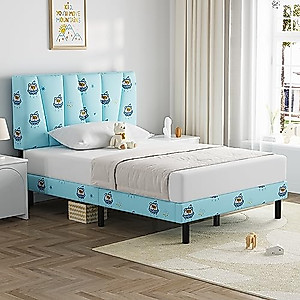Molblly Twin Bed Frame Upholstered Platform with Headboard and Strong Wooden Slats, Strong Weight Capacity, Non-Slip and Noise-Free,No Box Spring Needed, Easy Assembly,Light Blue