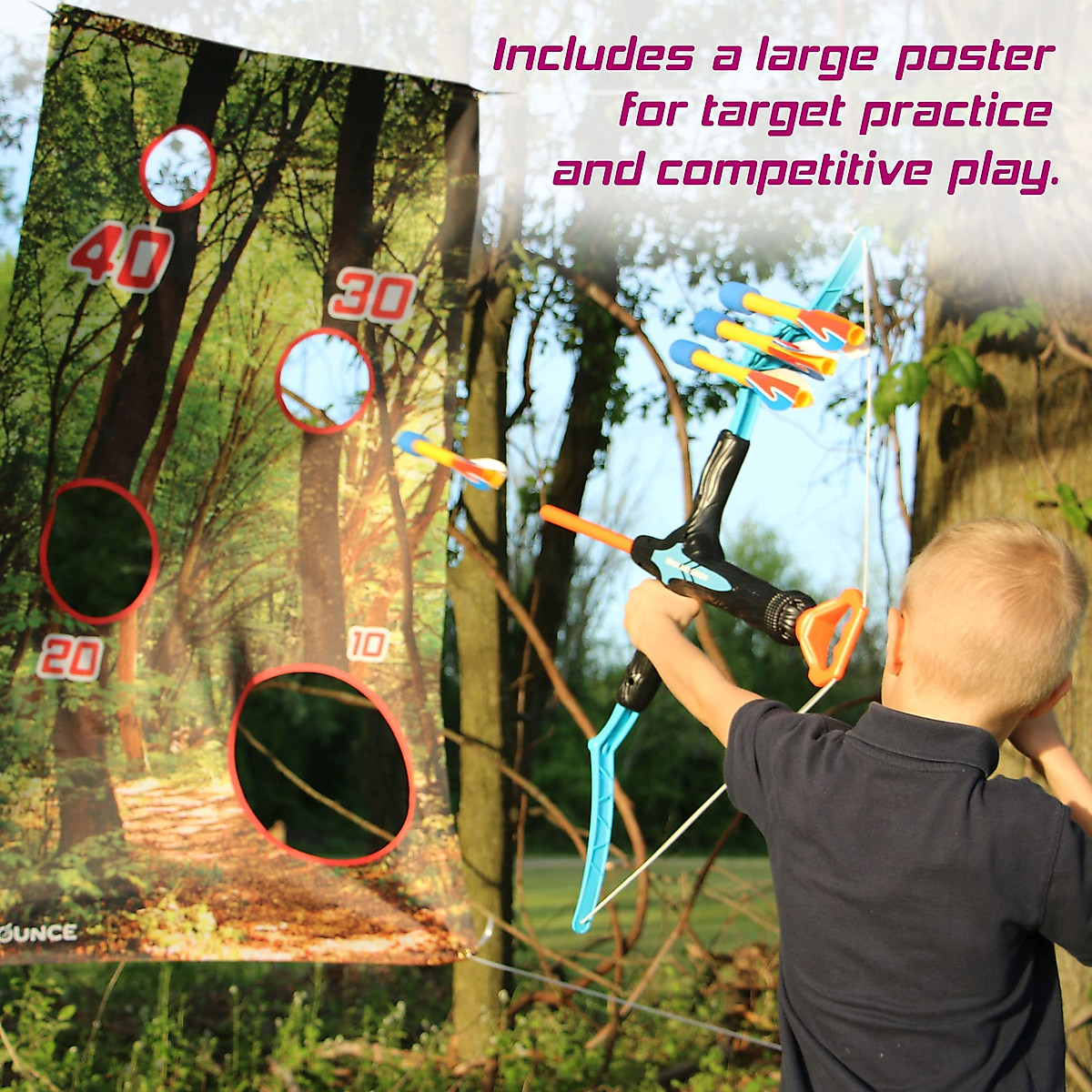 New Bounce Bow and Arrow Set for Kids - Toddler Archery Set - includes Target Poster - Cool Boys Toys for 6, 7, 8, 9, 10, 11 & 12 Year Old Christmas, Birthday Gifts Multicolor