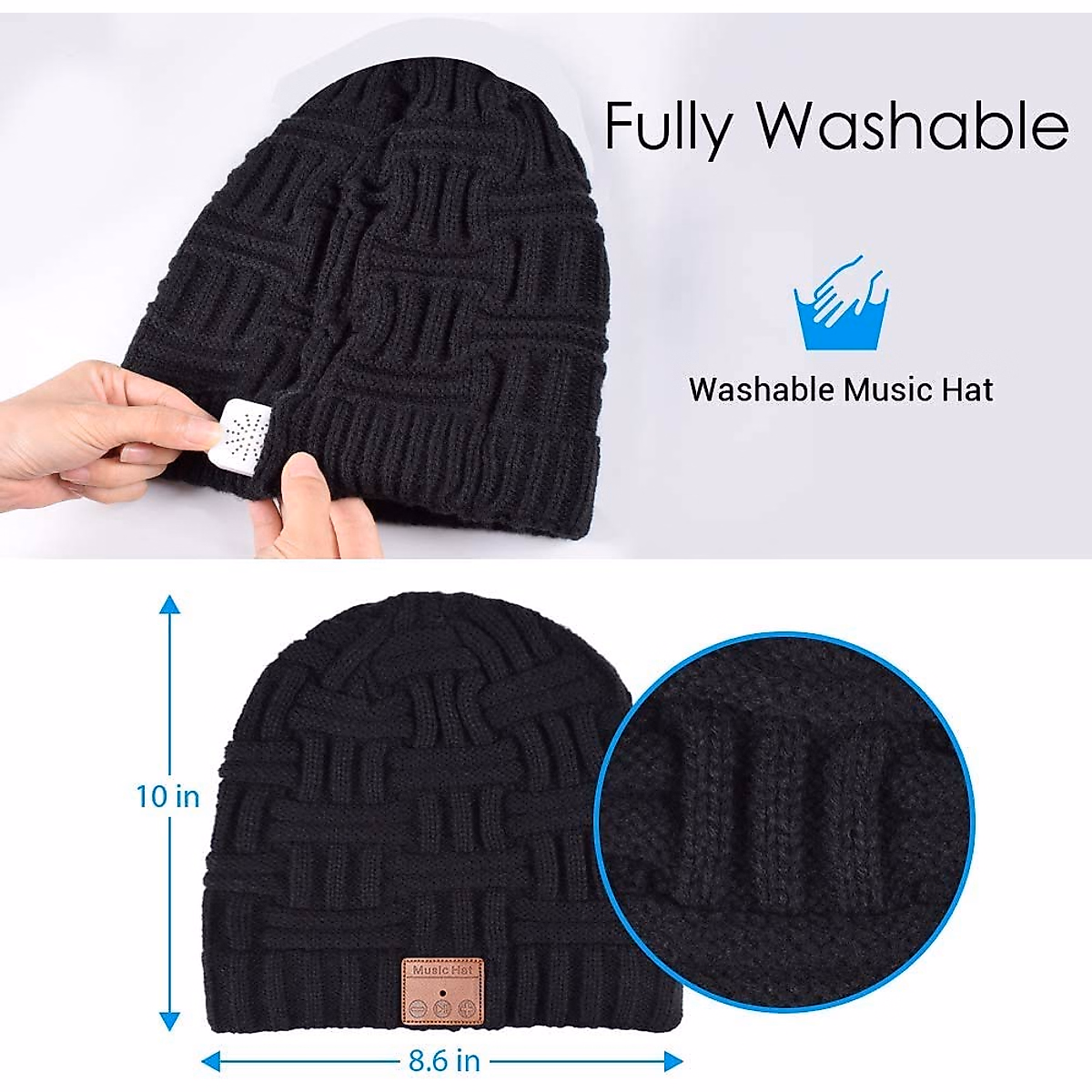 Bluetooth Beanie, V5.0 Bluetooth Hat, Wireless Earphone Beanie Headphones, with HD Stereo Speakers Built-in Microphone, Mens Gifts, Christmas Electronic Gifts for Men/Women Black