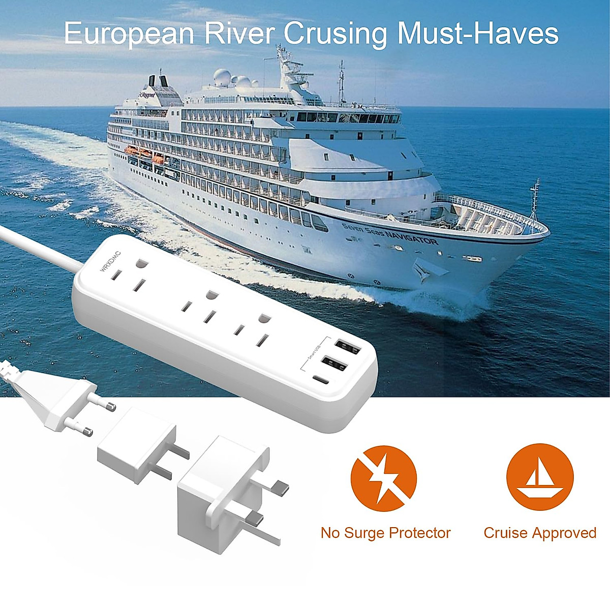 European Travel Plug Adapter, WRXDMC International Travel Plug Adapter, US to UK Europe Plug Adapter, Power Strip for EU/UK/US, 3 USB Ports, 3 AC Outlets, 5ft Cord,Travel necessities in most countries