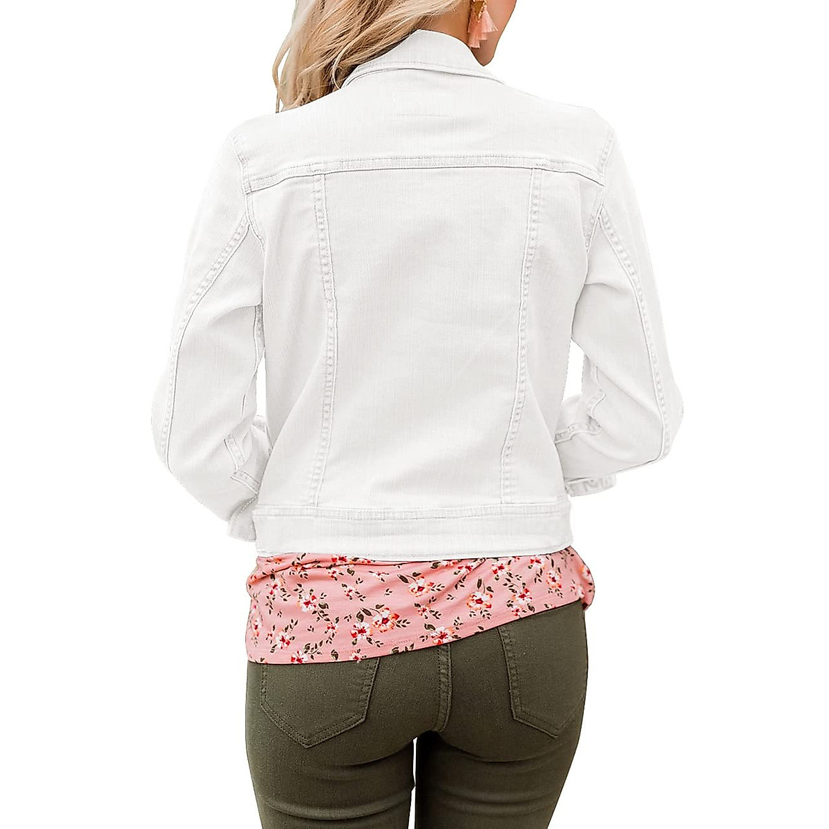 Vetinee Women's White Jean Jacket Women Basic Stretch Fitted Casual Button Down Truker Denim Jacket Long Sleeve Pockets Jean Coat Medium Size 8 Size 10