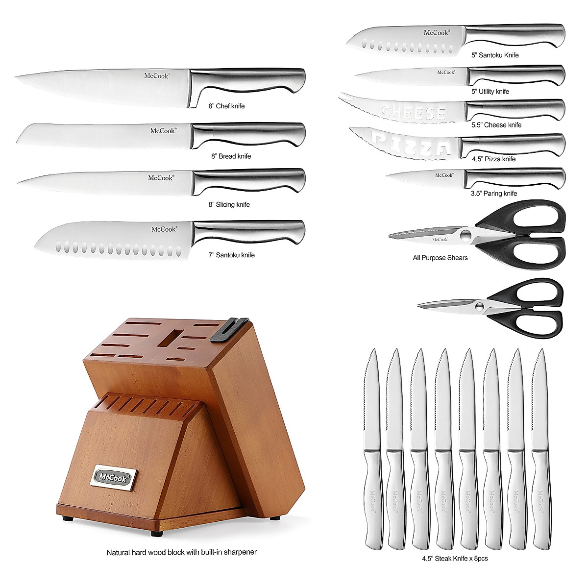 MC69 20 Pieces German Knives Block Set with Built-in Sharpener + MCW12 Bamboo Cutting Board(Large, 17"x12"x1")
