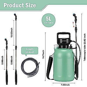 Garden Sprayer 1.35Gallon/5L Battery Powered Sprayer with USB Rechargeable Handle, Weed Sprayer with 3 Mist Nozzles, Portable Electric Sprayer with Shoulder Strap for Cleaning, Lawn, Green