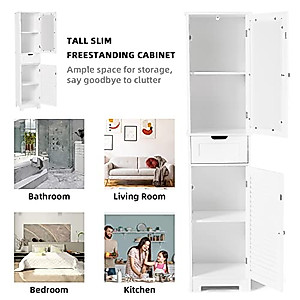 Kazila Bathroom Storage Floor Cabinet, Freestanding Wooden Storage Organizer with Glass Shutter Doors, 16 inchl x 12 inchw x 67 inchh, Ivory White