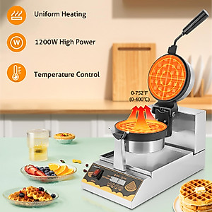 WICHEMI Belgian Waffle Maker Commercial Waffle Maker Restaurant Intelligent Flip Waffle Maker with Removable Plates 180° Rotating Non-Stick LED Digital Waffle Iron For Hotel Restaurant,110V 1200W.