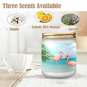 susiyo Frosted Glass Candle Cup Soy Wax Candles, Vanilla Scented Candle - Summer Flamingos Stand in Blue Sea