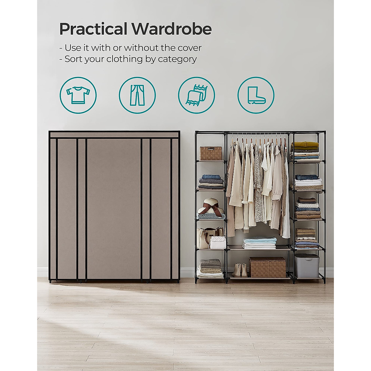 SONGMICS Closet Wardrobe, Portable Closet for Bedroom, Clothes Rail with Non-Woven Fabric Cover, Clothes Storage Organizer, 59 x 17.7 x 69 Inches, 12 Compartments, Taupe ULSF003R02