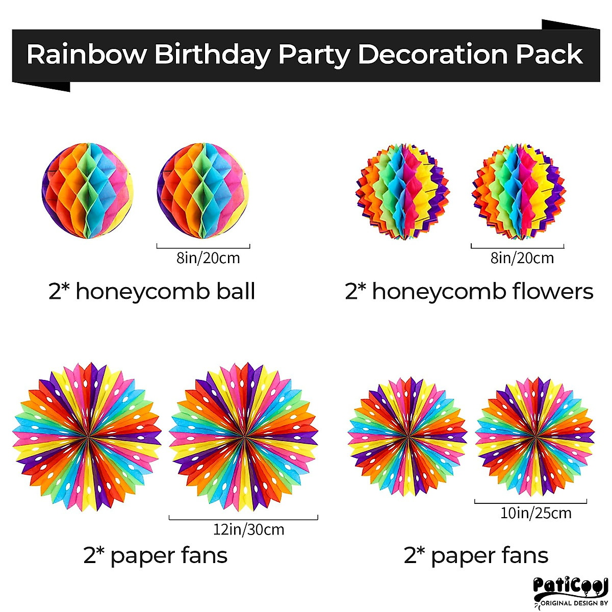 PatiCool Happy Birthday Party Decorations Pack with Rainbow Happy Birthday Banner, Honeycomb Balls, Circle Dot Garland, Paper Bunting Banner, Paper Fans and Hanging Swirls Streamers