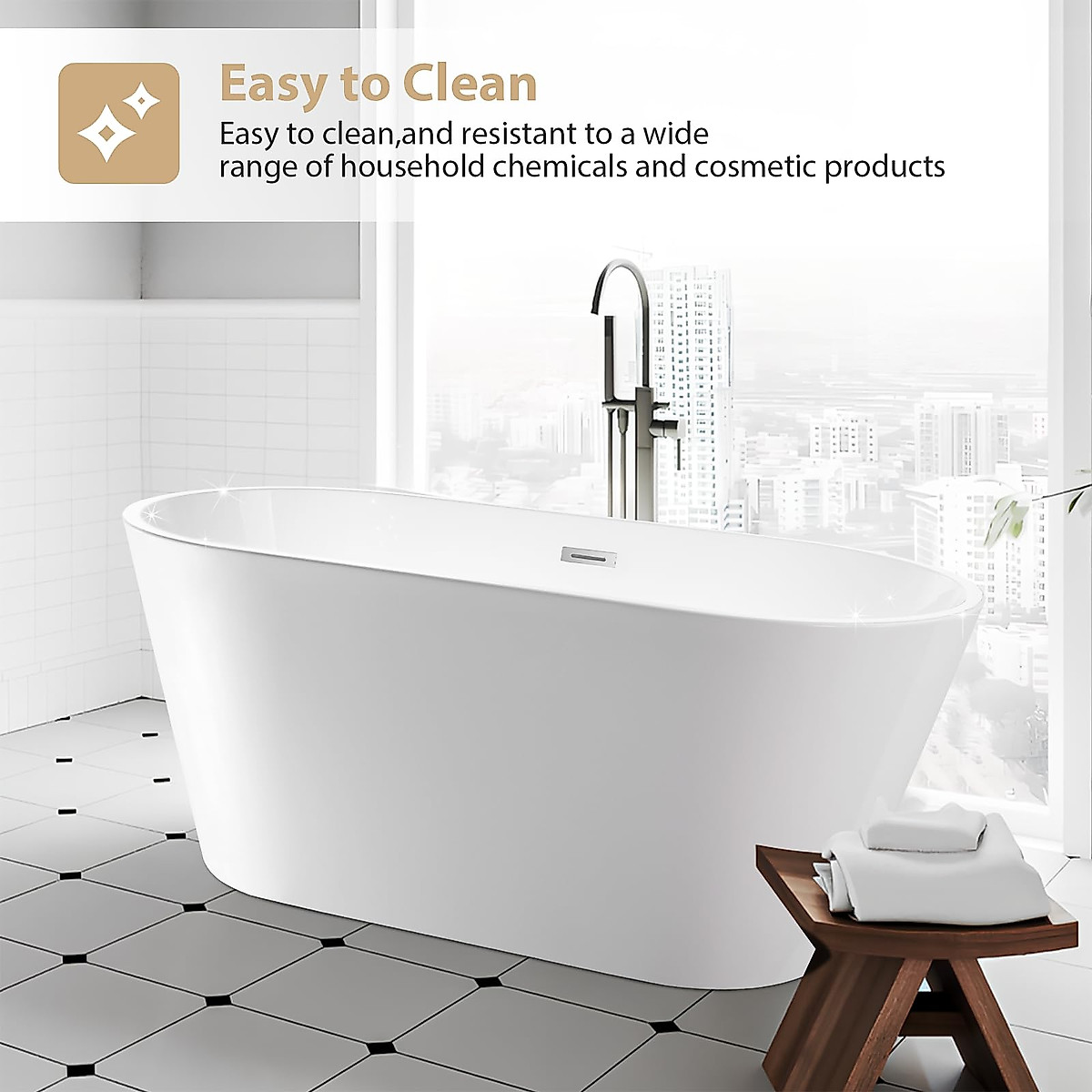 Vanity Art 54" X 29" Non-Slip Acrylic Freestanding Bathtub | Contemporary Design Soaking Tub with Overflow and Pop-up Drain, UPC Certified VA6815-NXSW