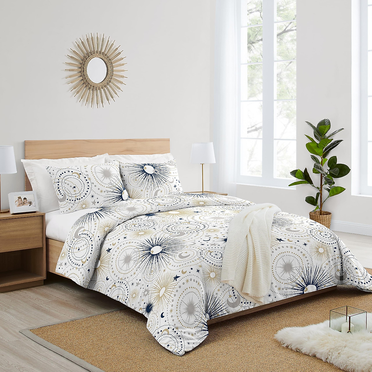 Sweet Jojo Designs Star and Moon Boy or Girl Full/Queen Bedding Set Kids Comforter Childrens Size - 3 Pieces - Navy Blue, Gold, and Grey Celestial Sky Stars Gender Neutral Unisex